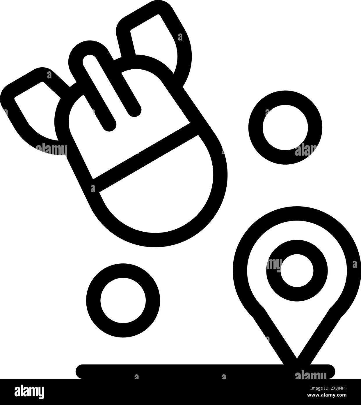 Black and white vector icon of a hand cursor pointing with map pins, symbolizing digital ...