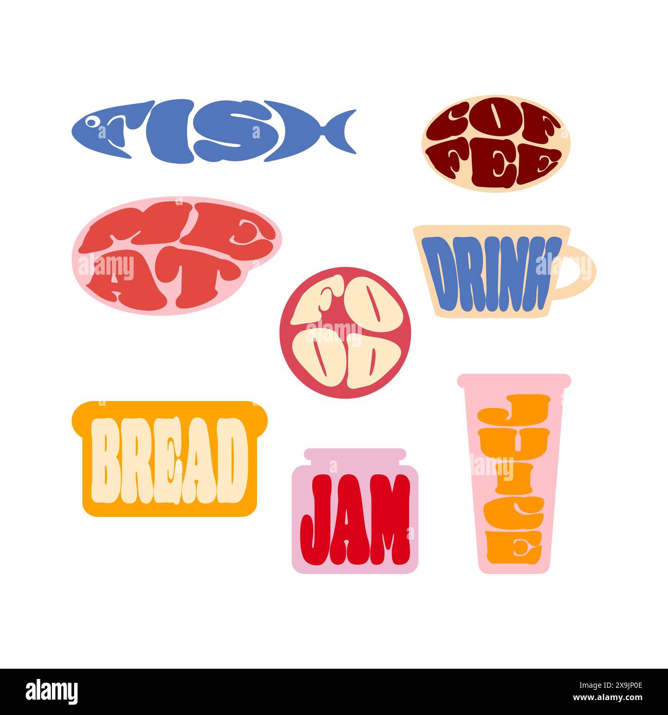 Stylized retro groovy Style Collection into shapes of Food and Drink ...