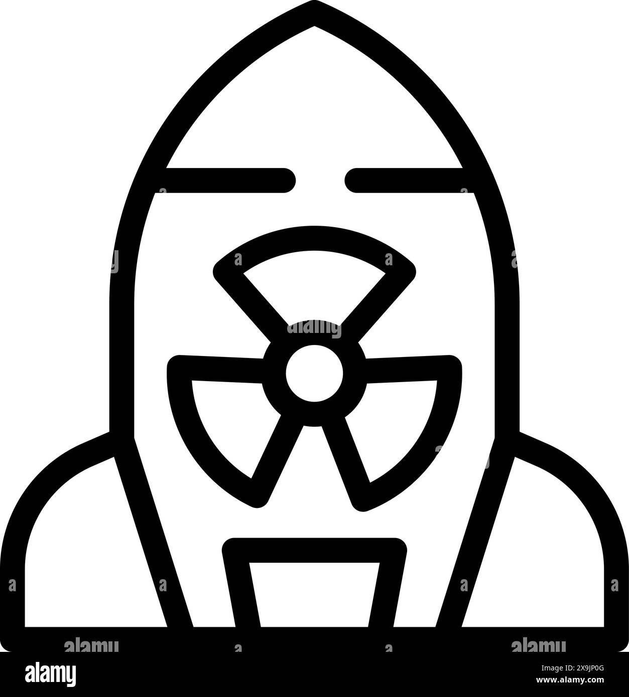 Cartoon nuclear rocket icon in black and white line drawing style ...