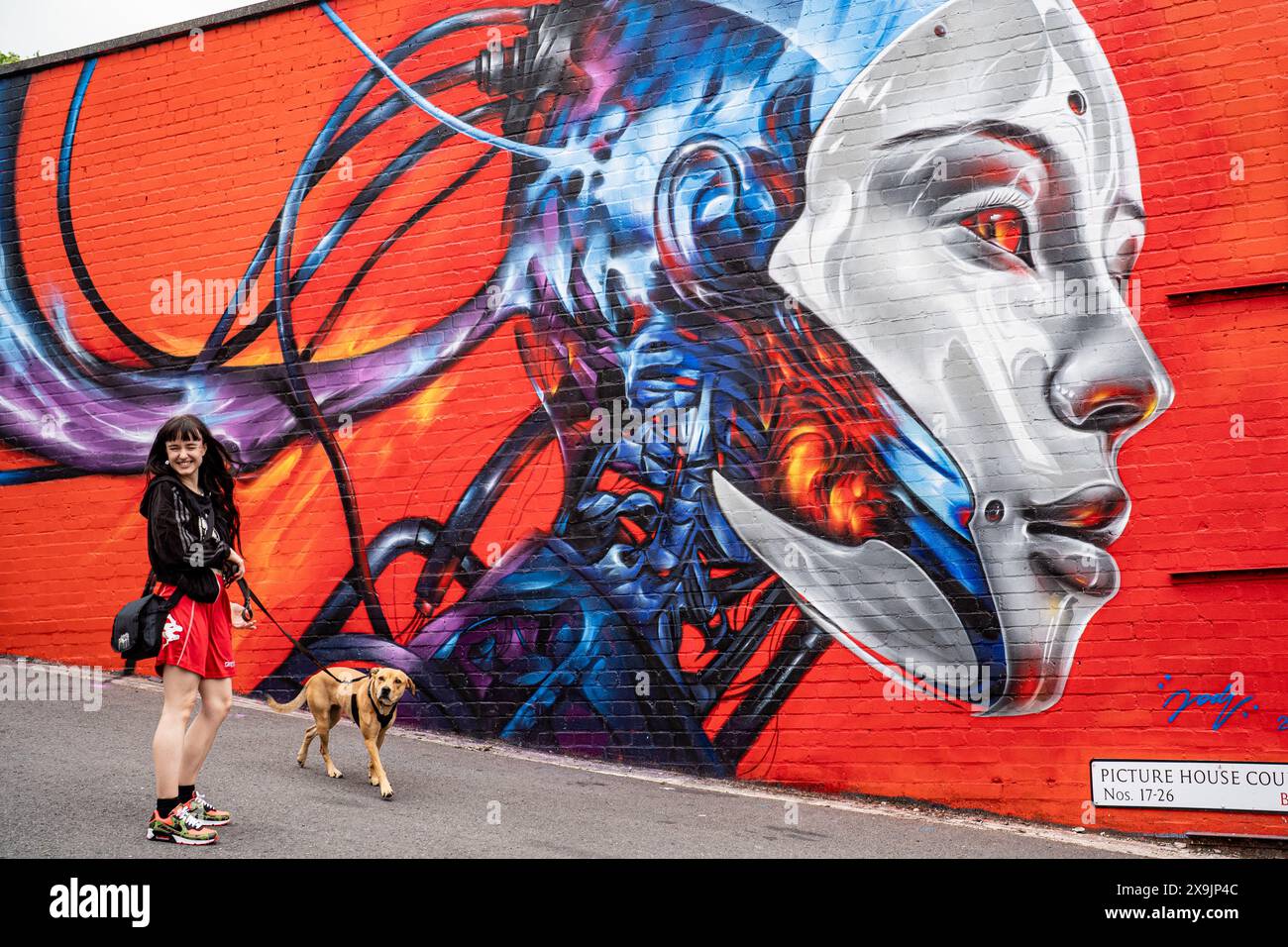 A dog walker admires a fresh graffiti artwork at the Upfest Presents ...