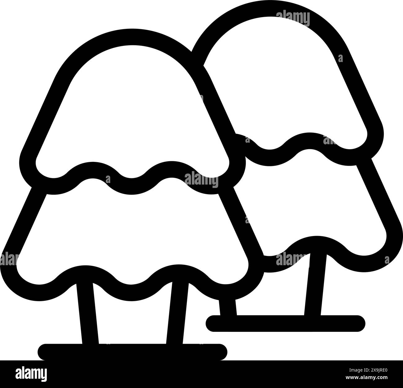 Simplistic line drawing of two symmetrical trees in black and white ...