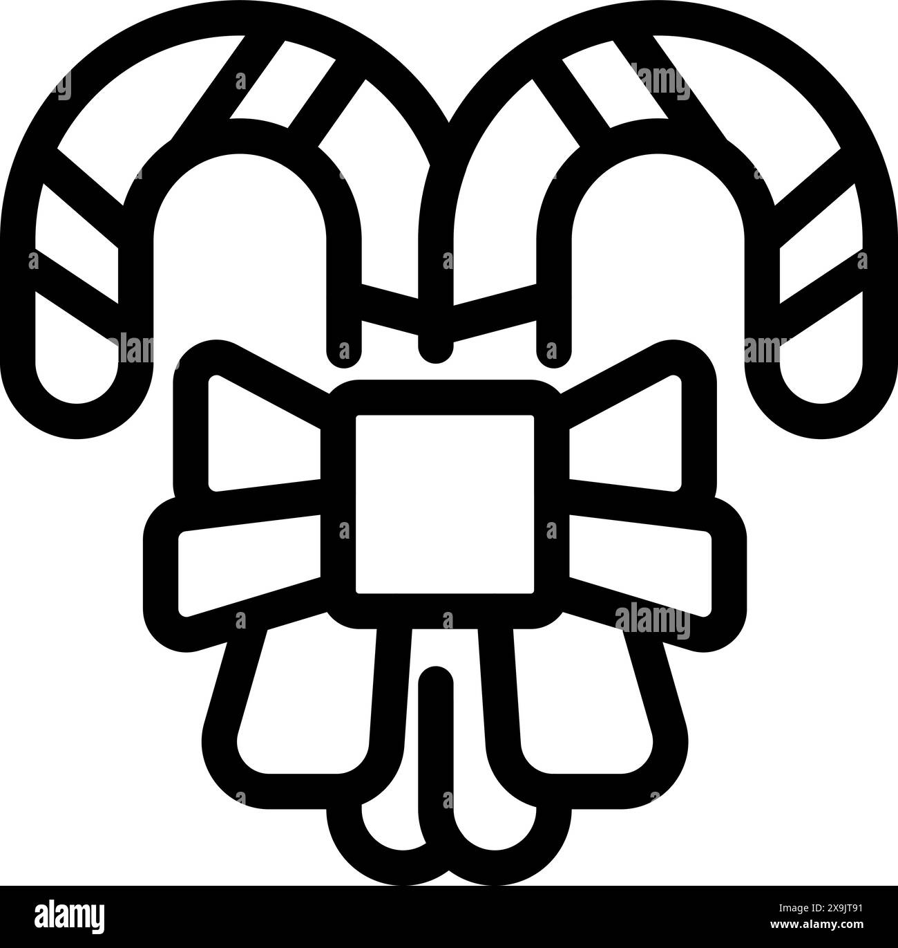 Black and white line art of two candy canes crossed with a ribbon, symbolizing holiday cheer ...