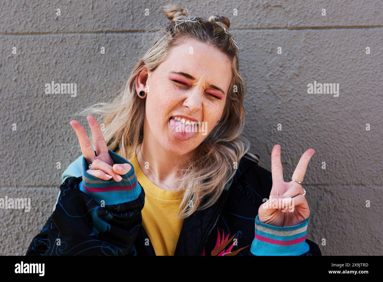 Smile, woman tongue and outdoor peace sign with y2k fashion and silly ...