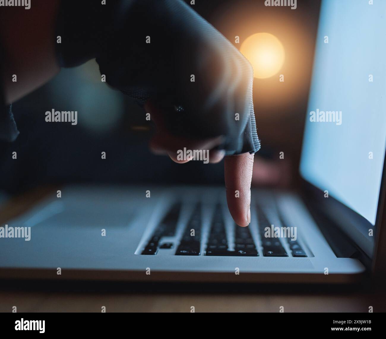 Secure, hacker and laptop network at night for hacking software database, password or virus ...