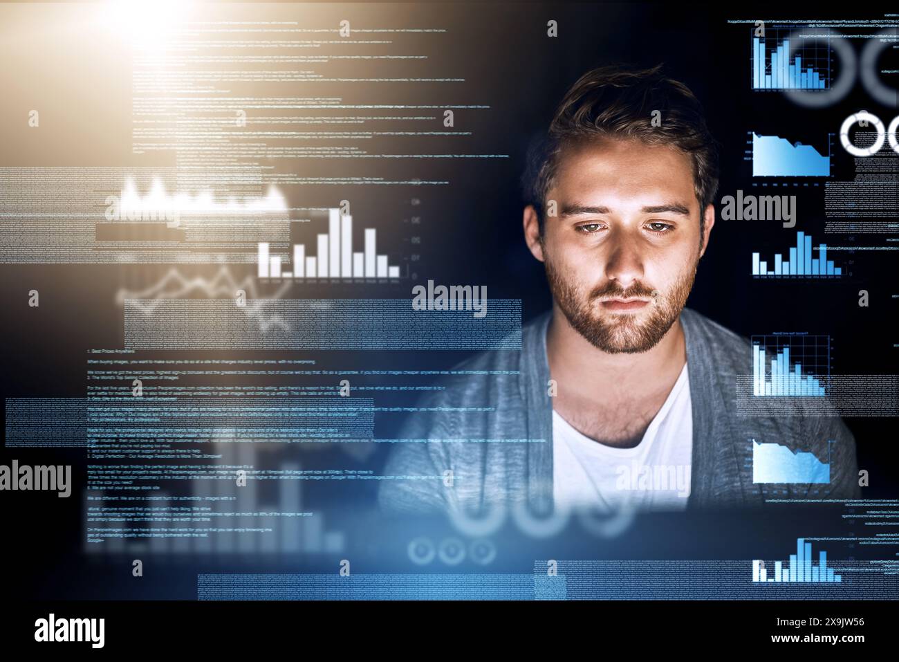 Tired, programmer and coding with statistics overlay for fintech app or reporting software and ...