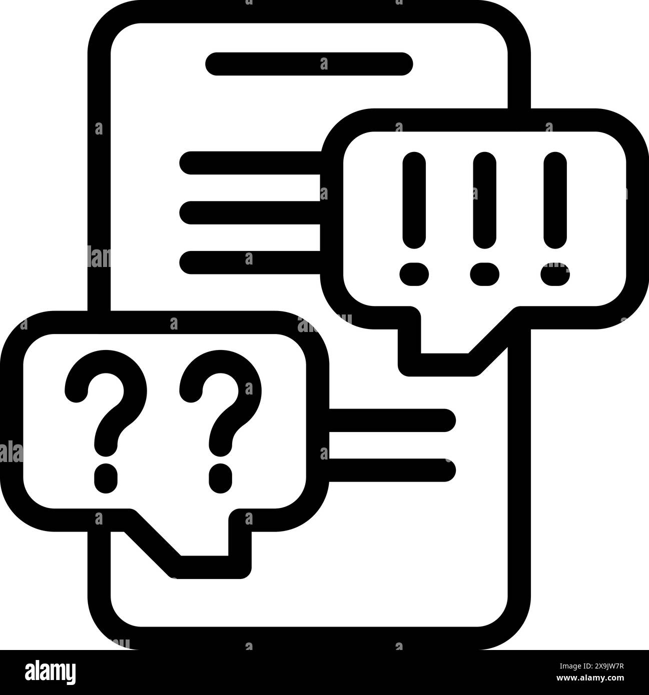 A black and white icon featuring speech bubbles with question marks ...