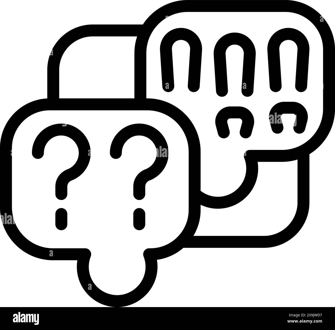 Black and white stylized icon depicting a speech bubble with question ...