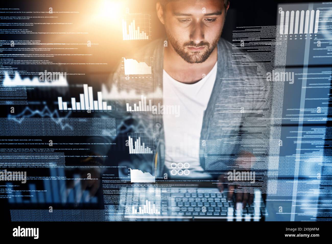 Man, web design and coding overlay for data analytics fintech app and reporting software with ...