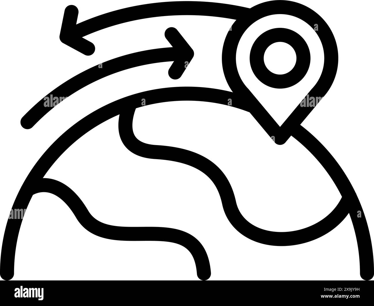 Black line icon illustrating a location pin on a winding road ... Black line icon illustrating a location pin on a winding road ...