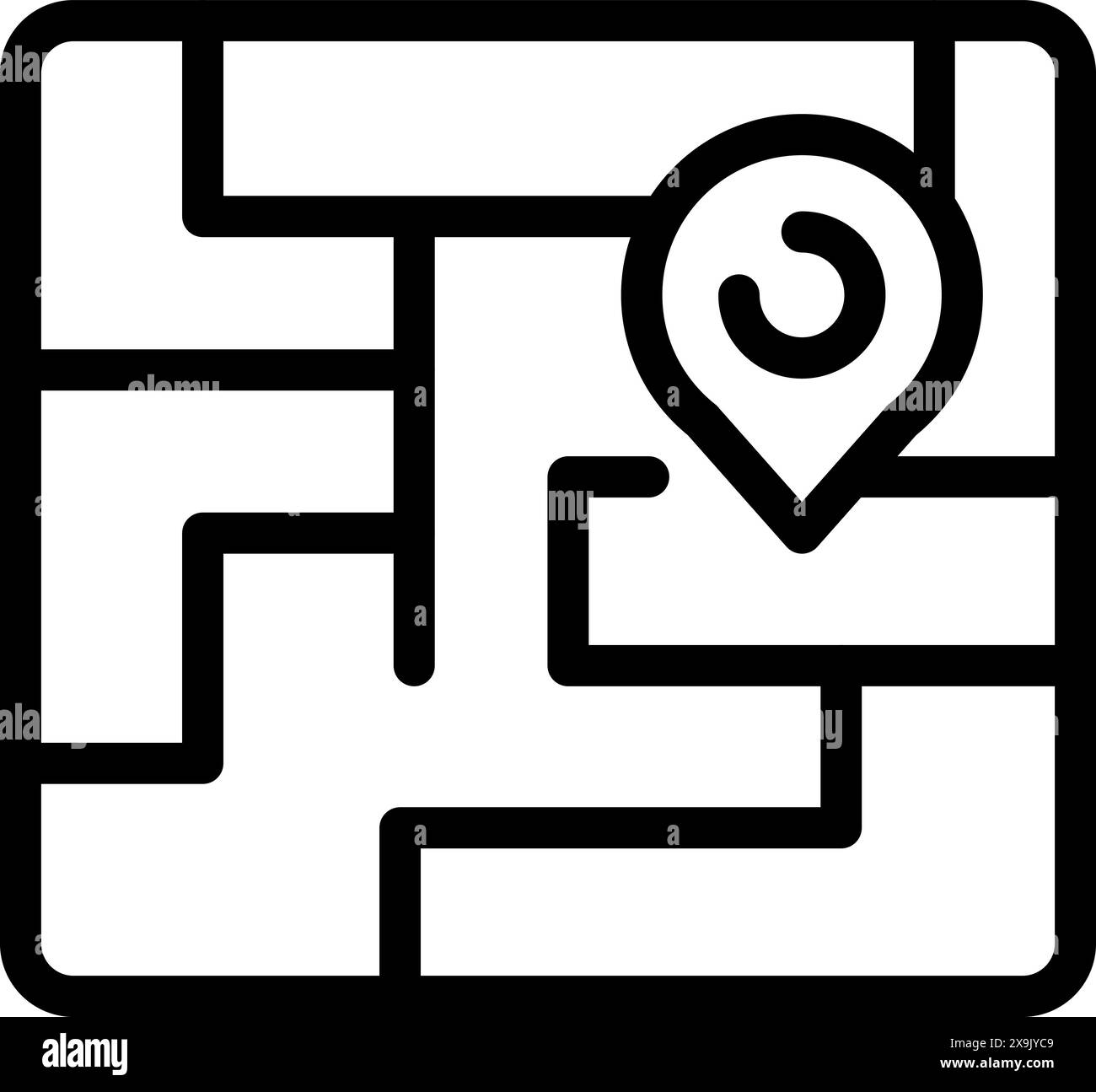 Black and white maze icon with a clear path indicated by a location pin ...