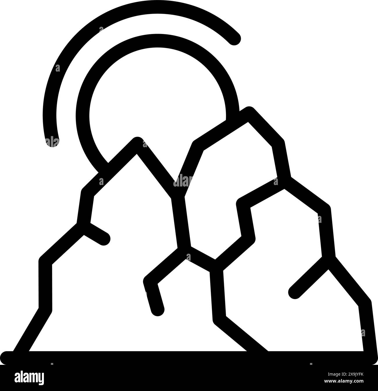 Simplistic line art icon depicting mountain peaks with a rising sun ...