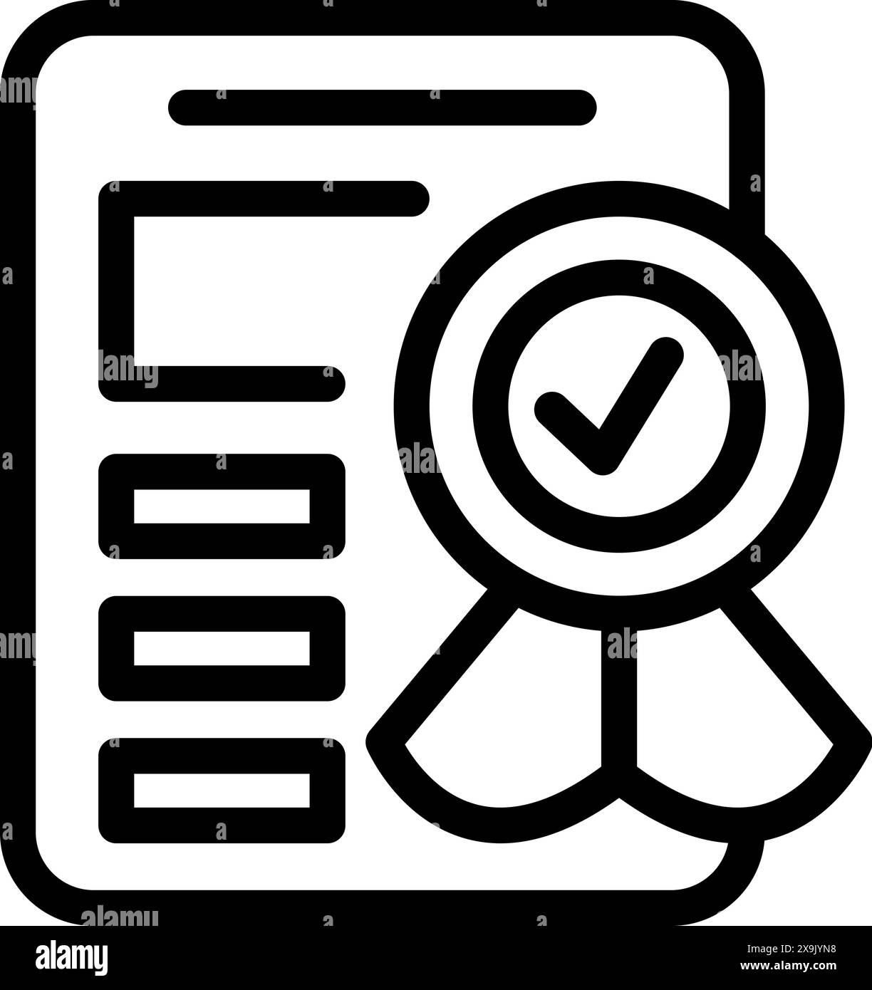 A black and white line art icon representing a certified document with ...