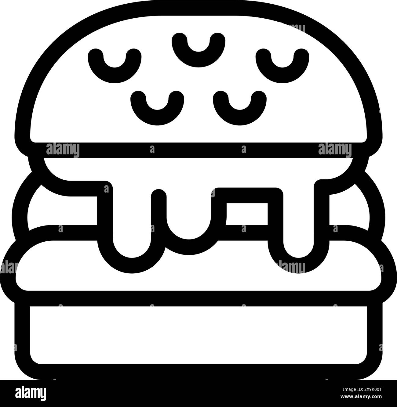 Simple, monochrome line drawing of a classic hamburger with toppings ...
