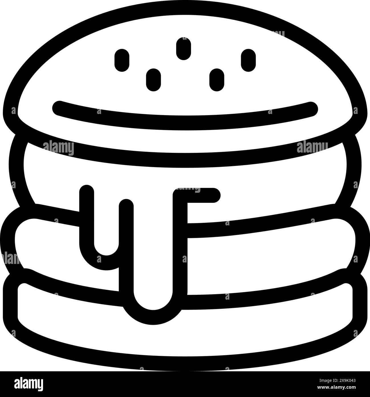 Black and white outline vector image of a classic burger with dripping ...