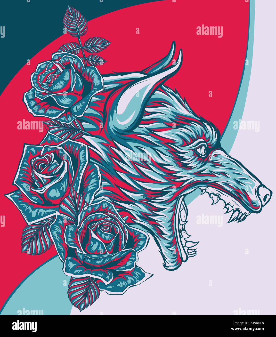 vector illustration of wolf and roses on whiet background Stock Vector ...