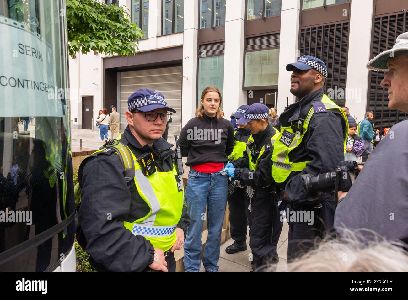 London, UK. 01 JUN, 2024. Protestor is searched following arrest as JSO ...