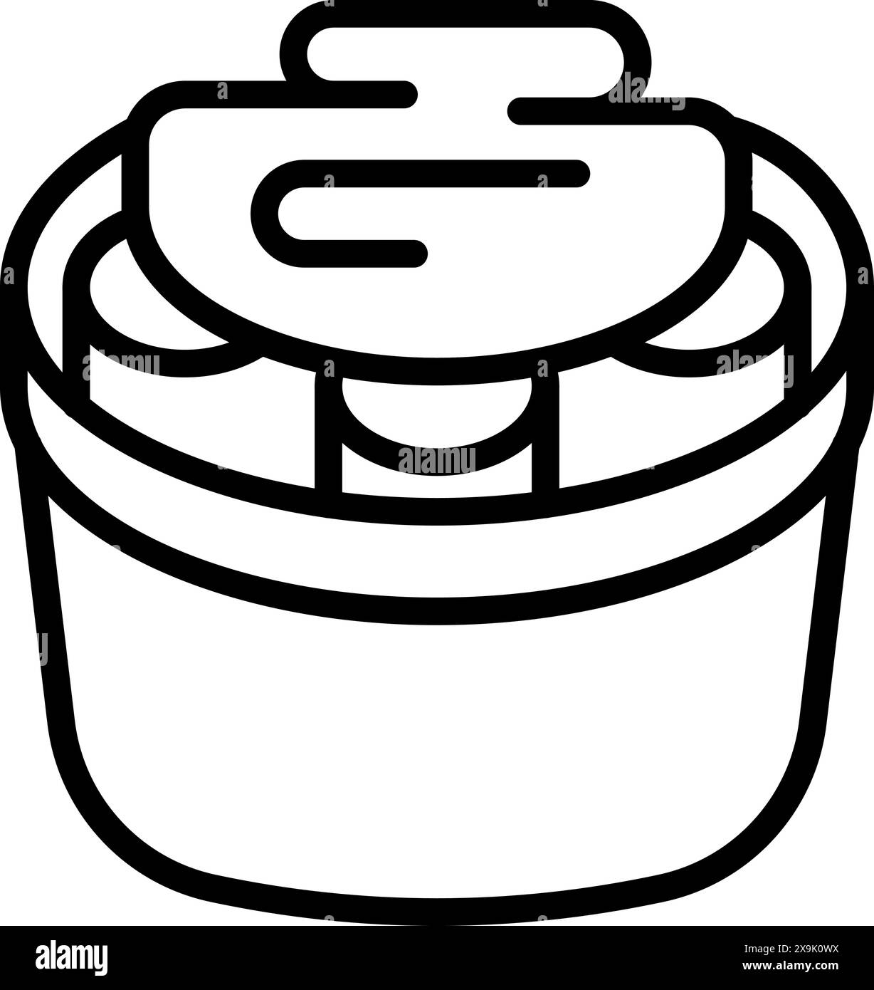 Black and white line drawing of a portable, round food container with a ...