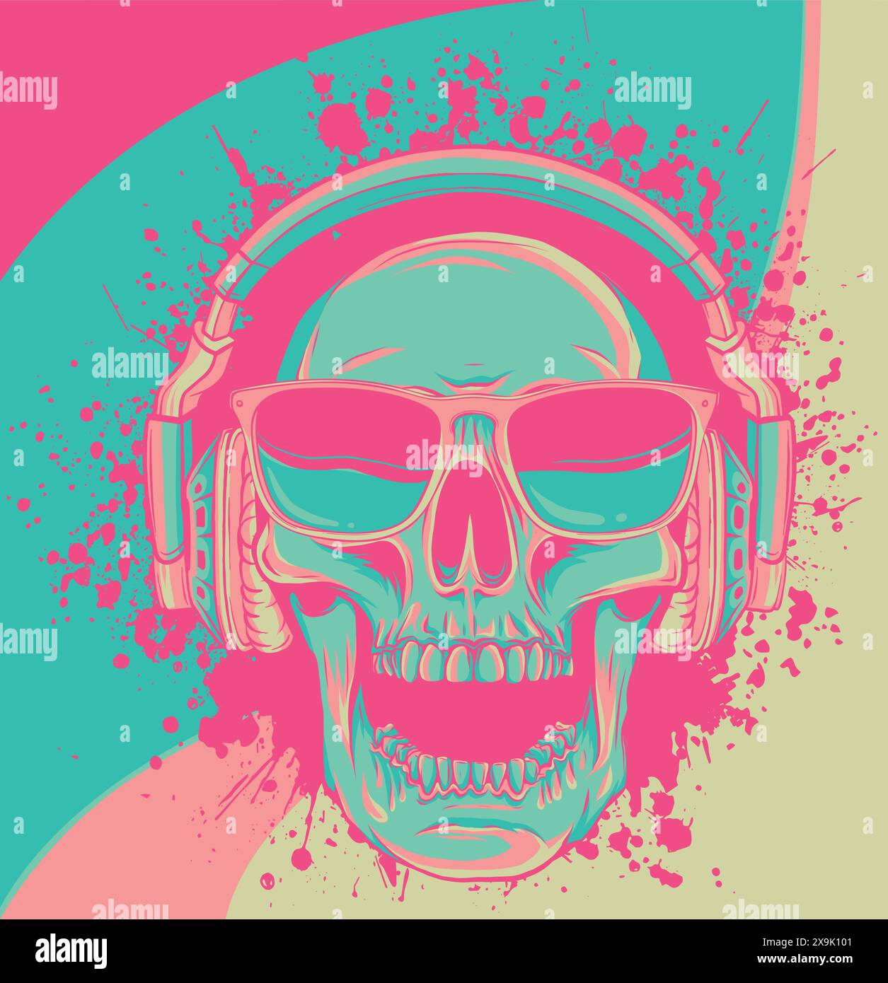 Vector illustration of human skull listening to music on headphones ...