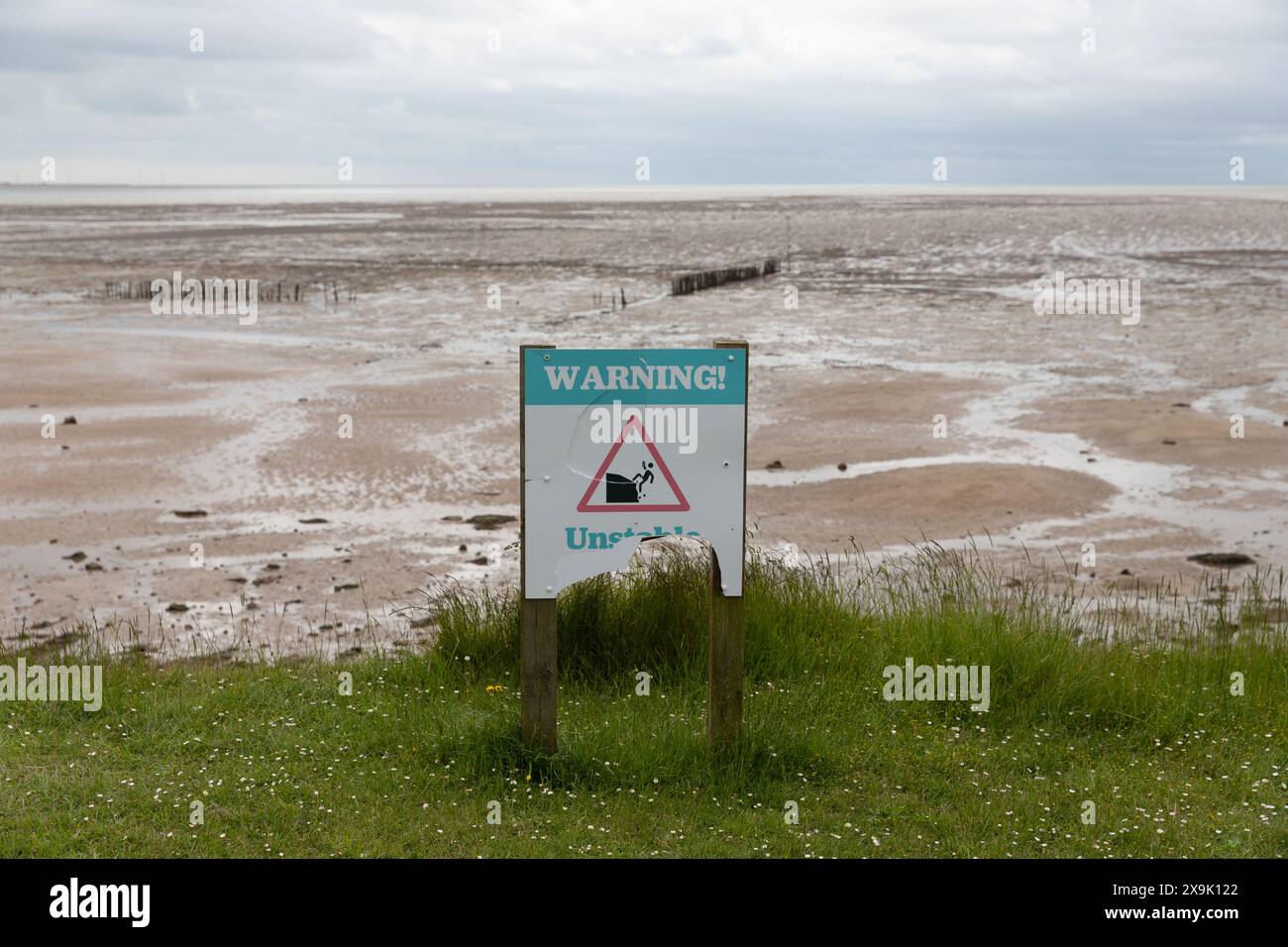 A sign warning of unstable ground / cliffs, due to coastal erosion ...