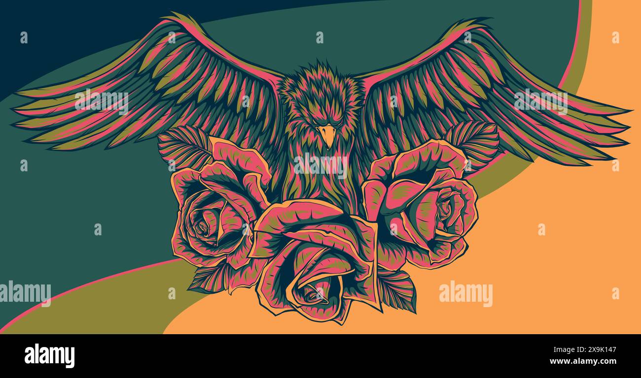 vector illustraion of eagle with flower roses Stock Vector Image & Art ...