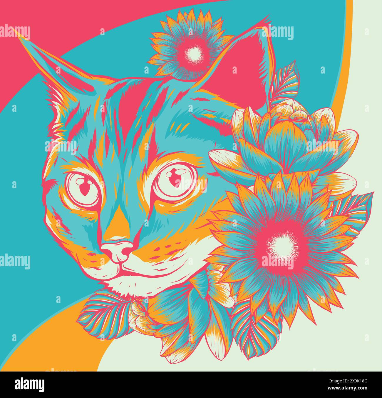 vector illustration of cat kitten head with flower Stock Vector Image ...