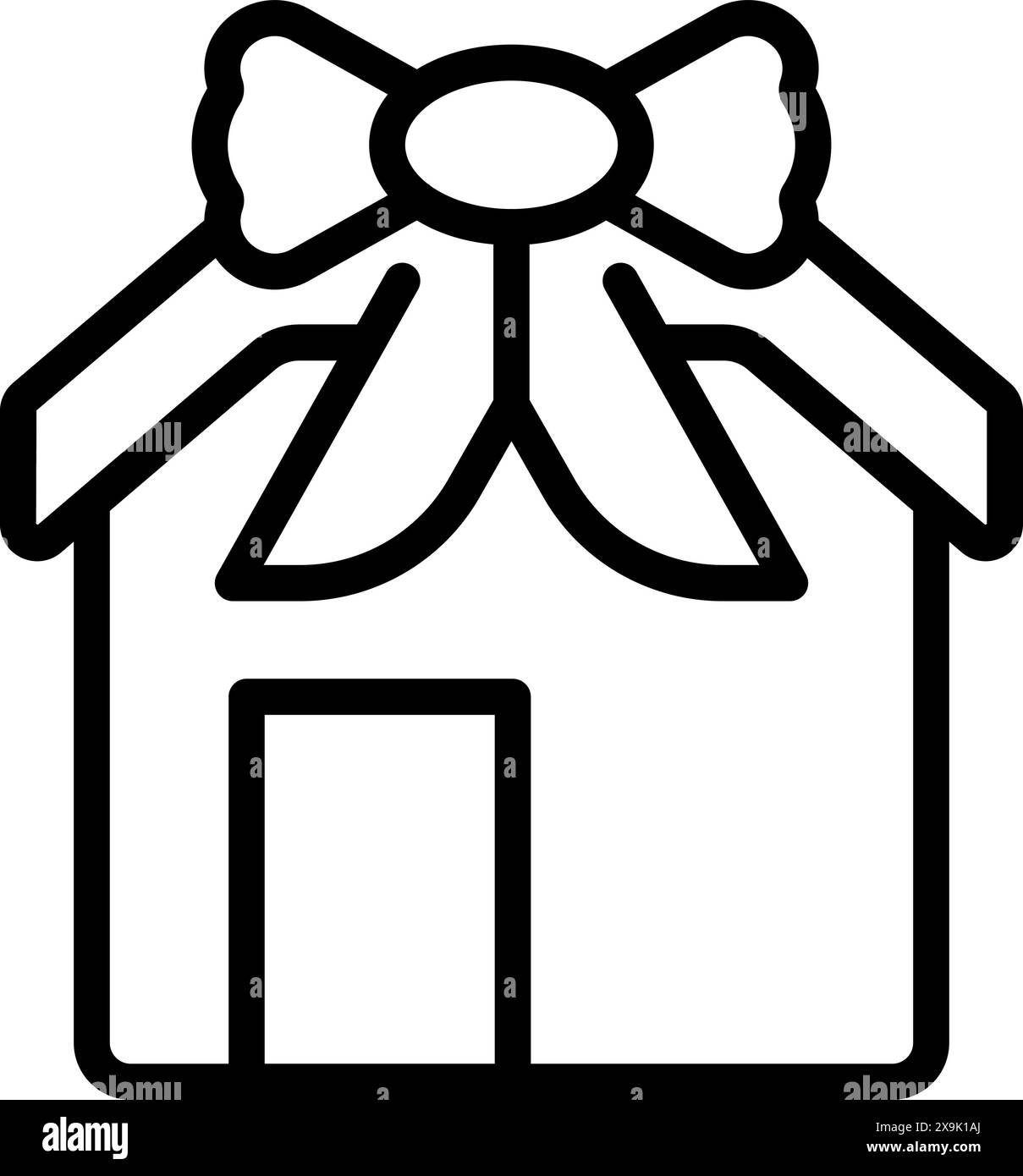 Black and white line art of a house icon with a decorative bow ...