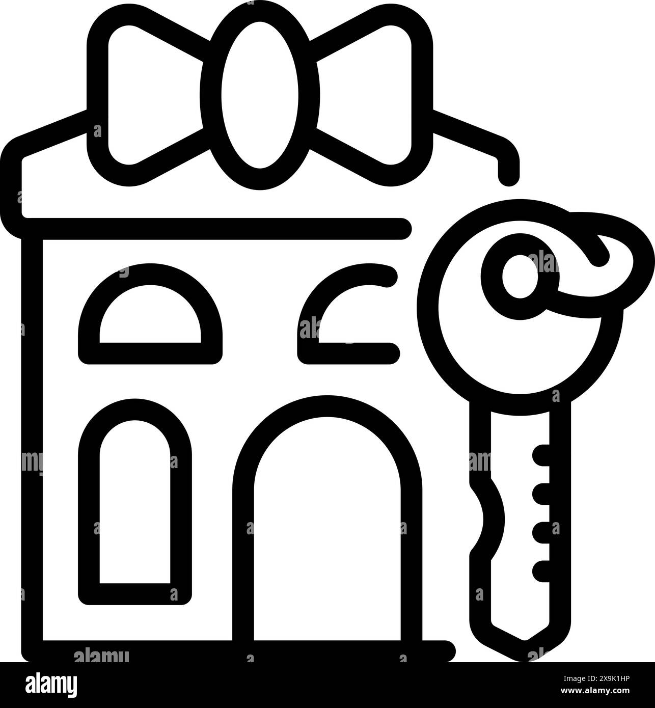 Simplified line art of a giftwrapped house with a key, symbolizing real ...