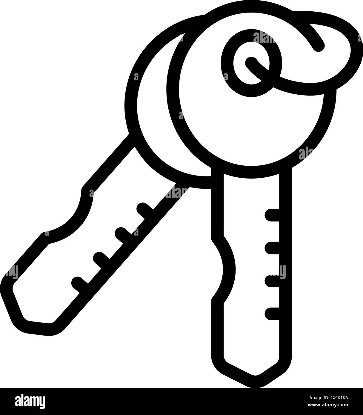 Black and white line drawing of two house keys on a key ring ...