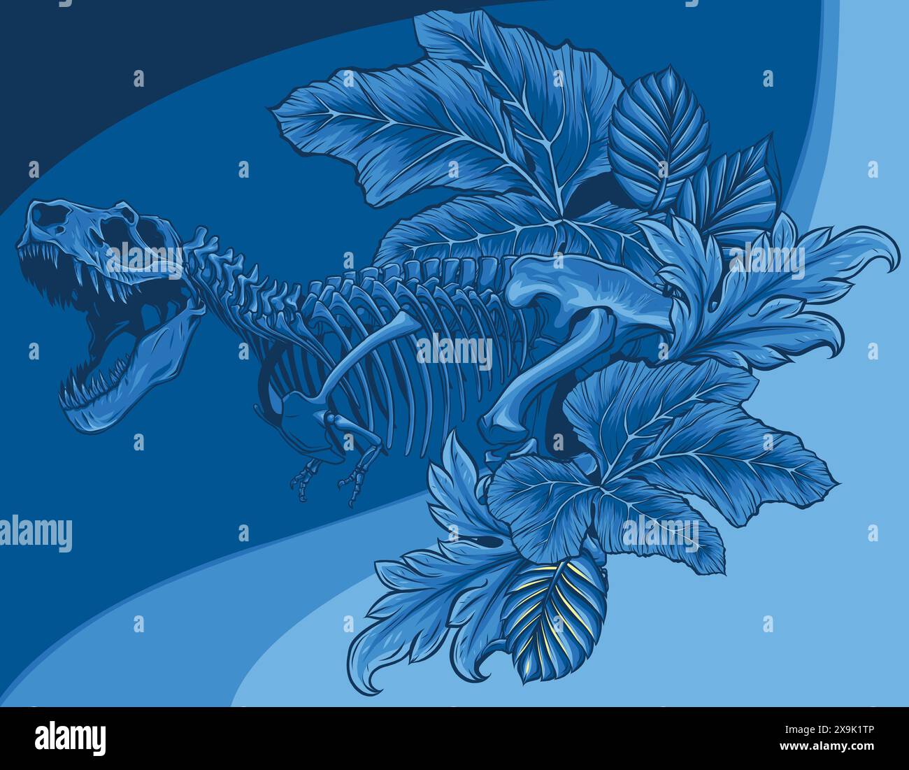 vector illustration of Tyrannosaurus Rex dinosaur skeleton with leaves Stock Vector Image & Art ...