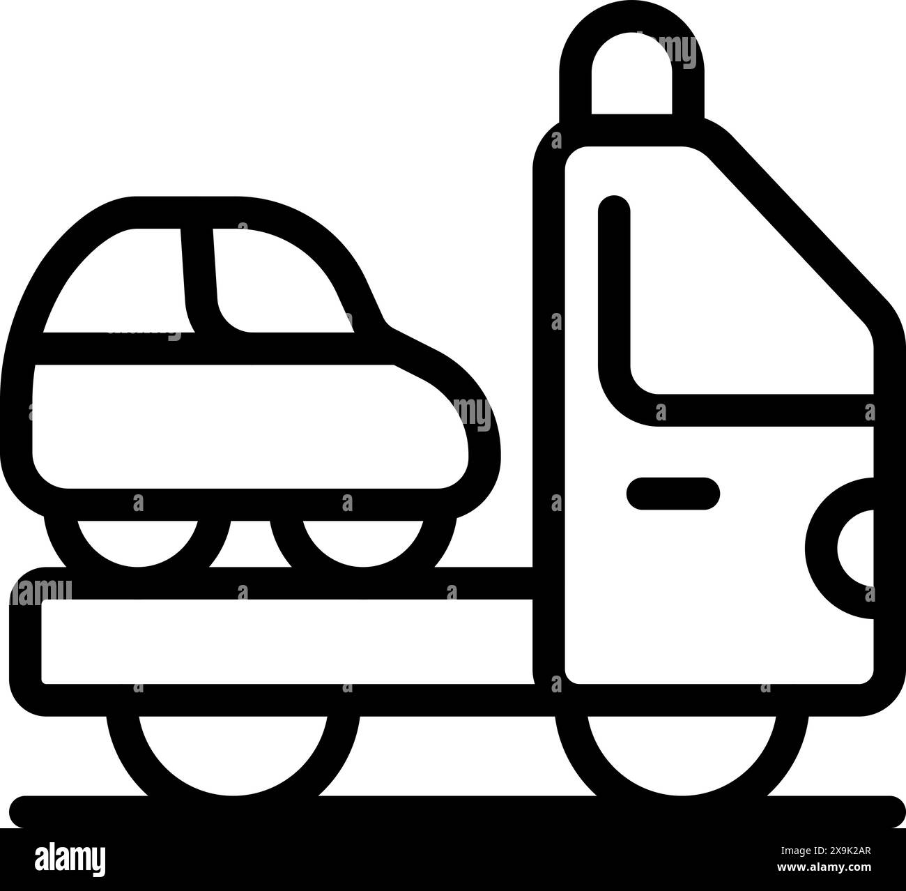 Black and white line art of a tow truck in service, transporting a ...