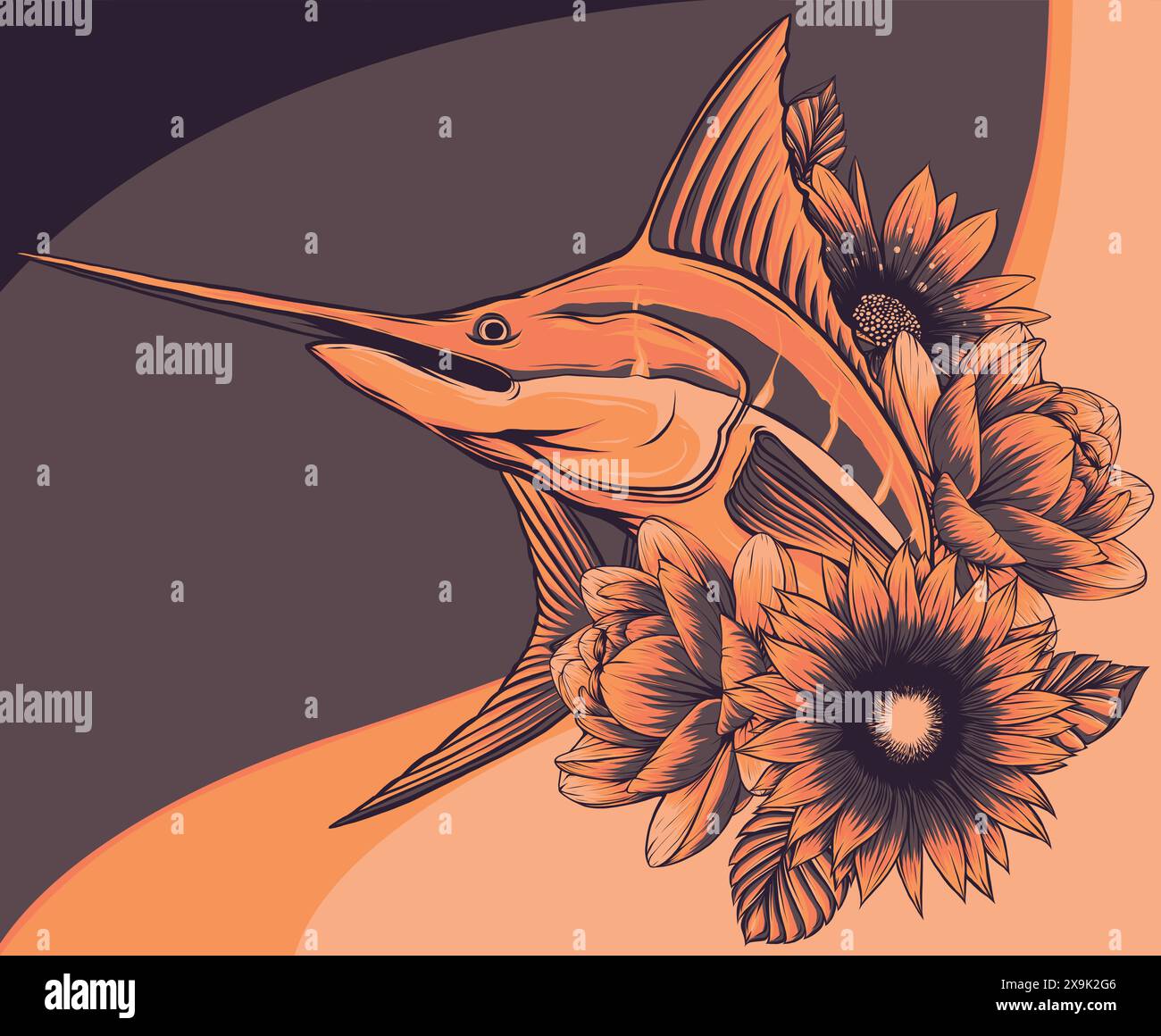 vector illustration of Marlin Sailfish Swordfish with flowers Stock ...