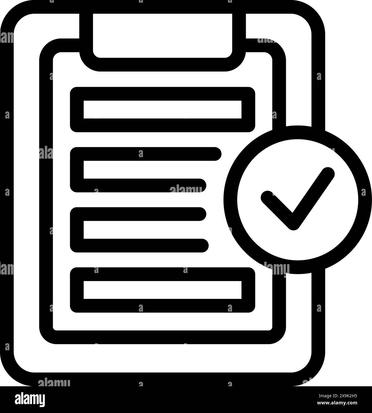 Vector line art illustration of a clipboard with a list and a checkmark, symbolizing completion ...