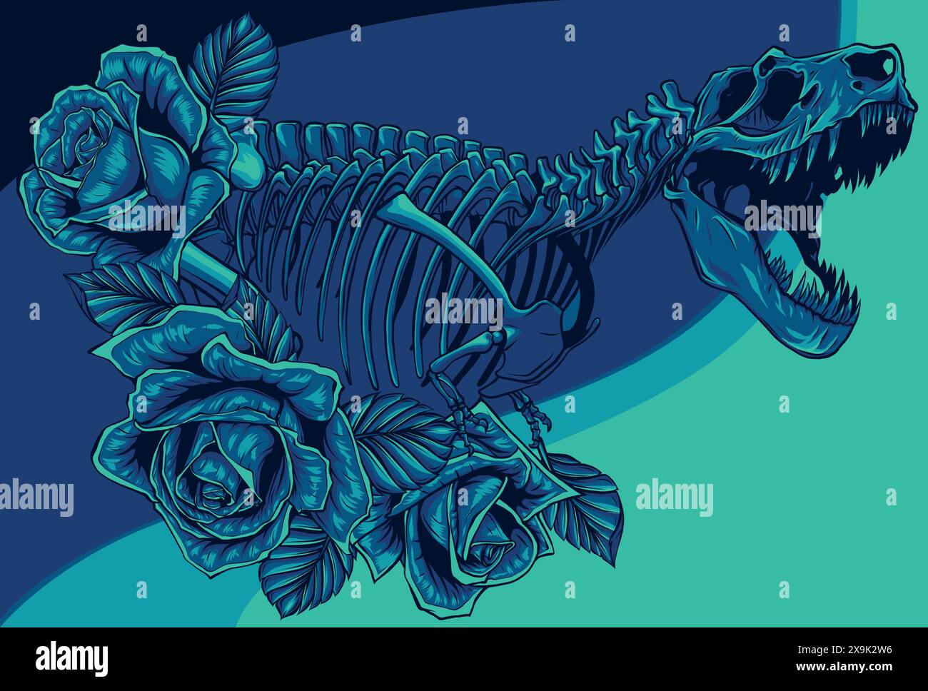 Vector Illustration of skeleton of Dinosaur Tyrannosaurus Rex with roses and leaves Stock Vector ...
