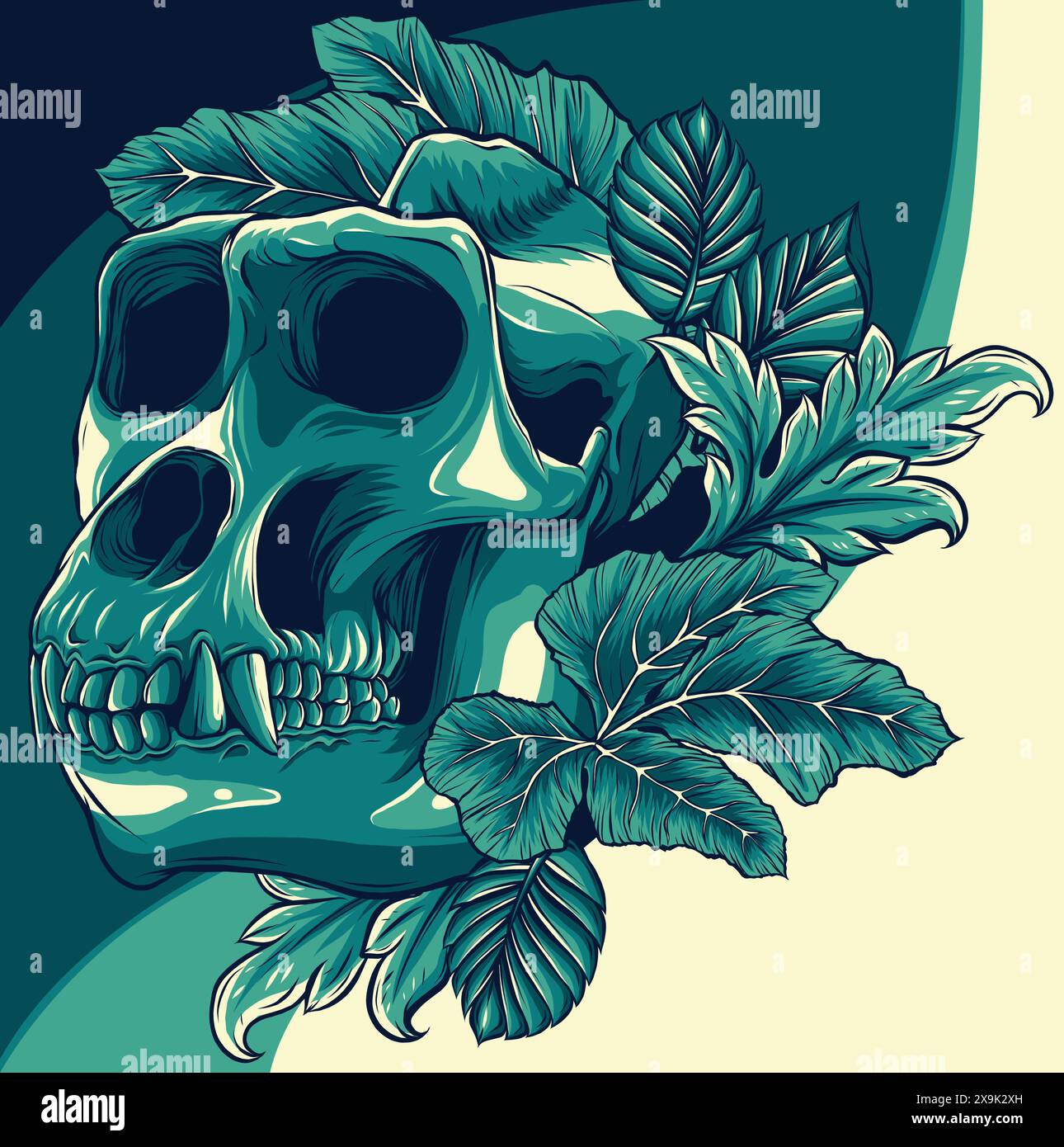 vector illustration of Gorilla monkey skull with leaves Stock Vector ...