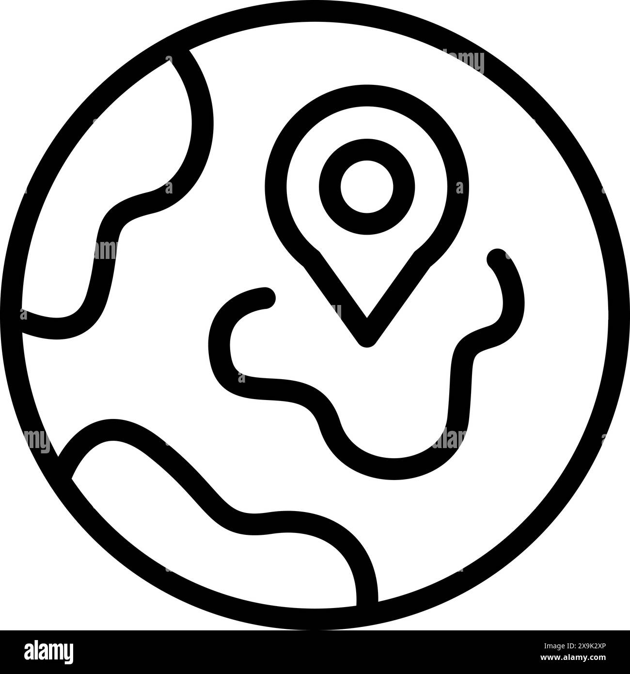 Black and white line drawing of a globe with a location pin icon Stock ...