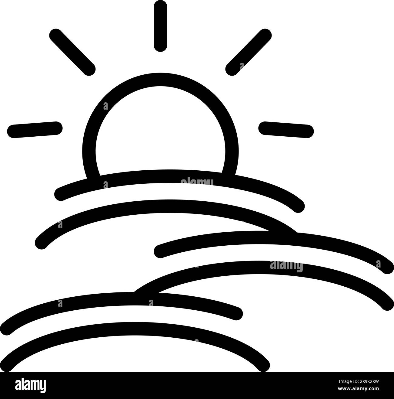 Minimalist black line drawing of a sun rising above ocean waves, ideal ...