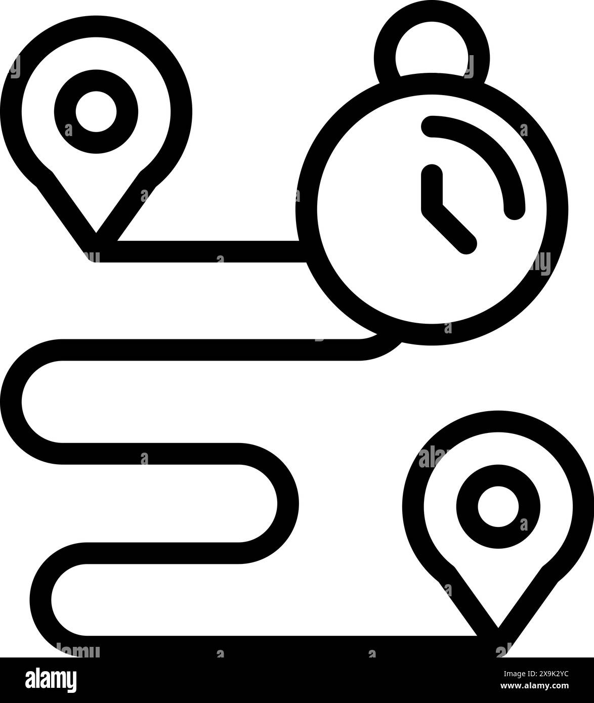 Black and white icon illustrating a route with time and destination ...