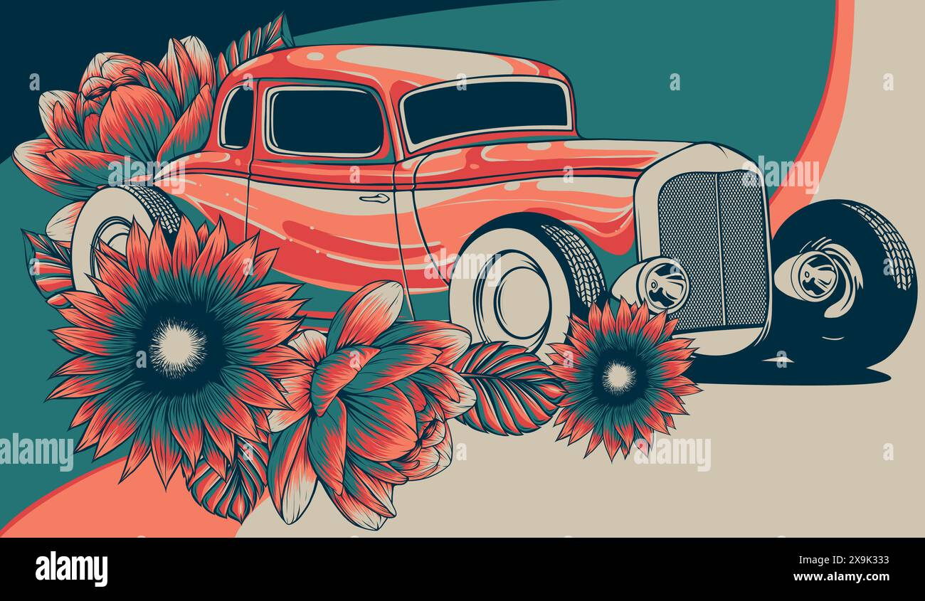 vbector illustration of Retro Hot Rod with flower Stock Vector Image ...