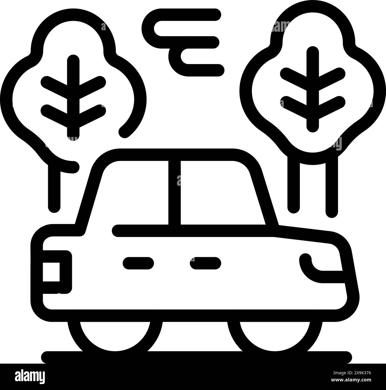 Line art icon of an electric vehicle with stylized trees and wind ...