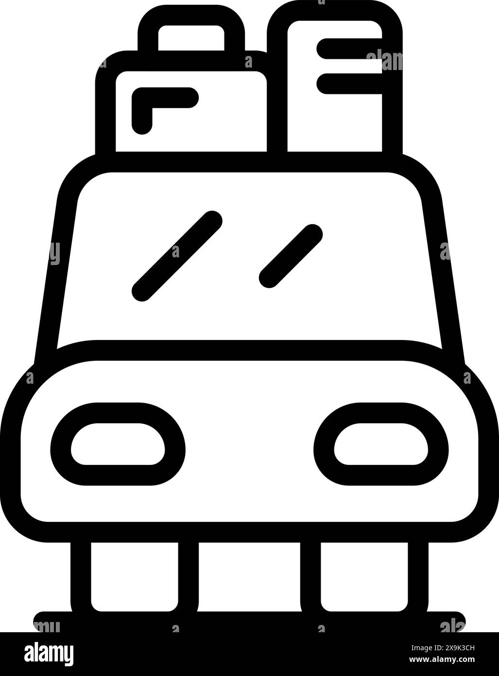 Simplistic line drawing of a frontfacing car with luggage on top, in ...