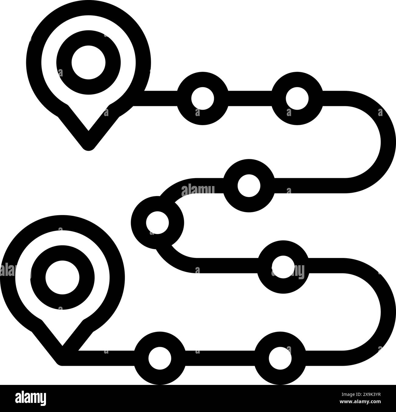 Black and white vector illustration of a route map with location ...