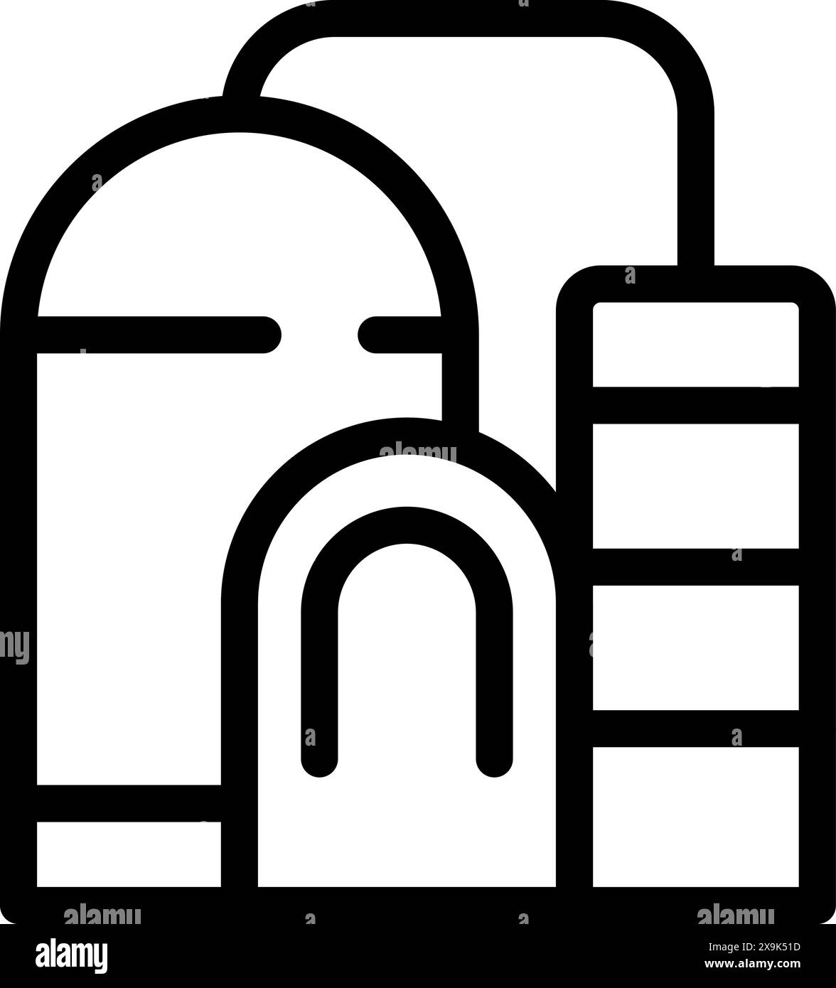 Black line art icon representing an industrial factory with smokestacks ...