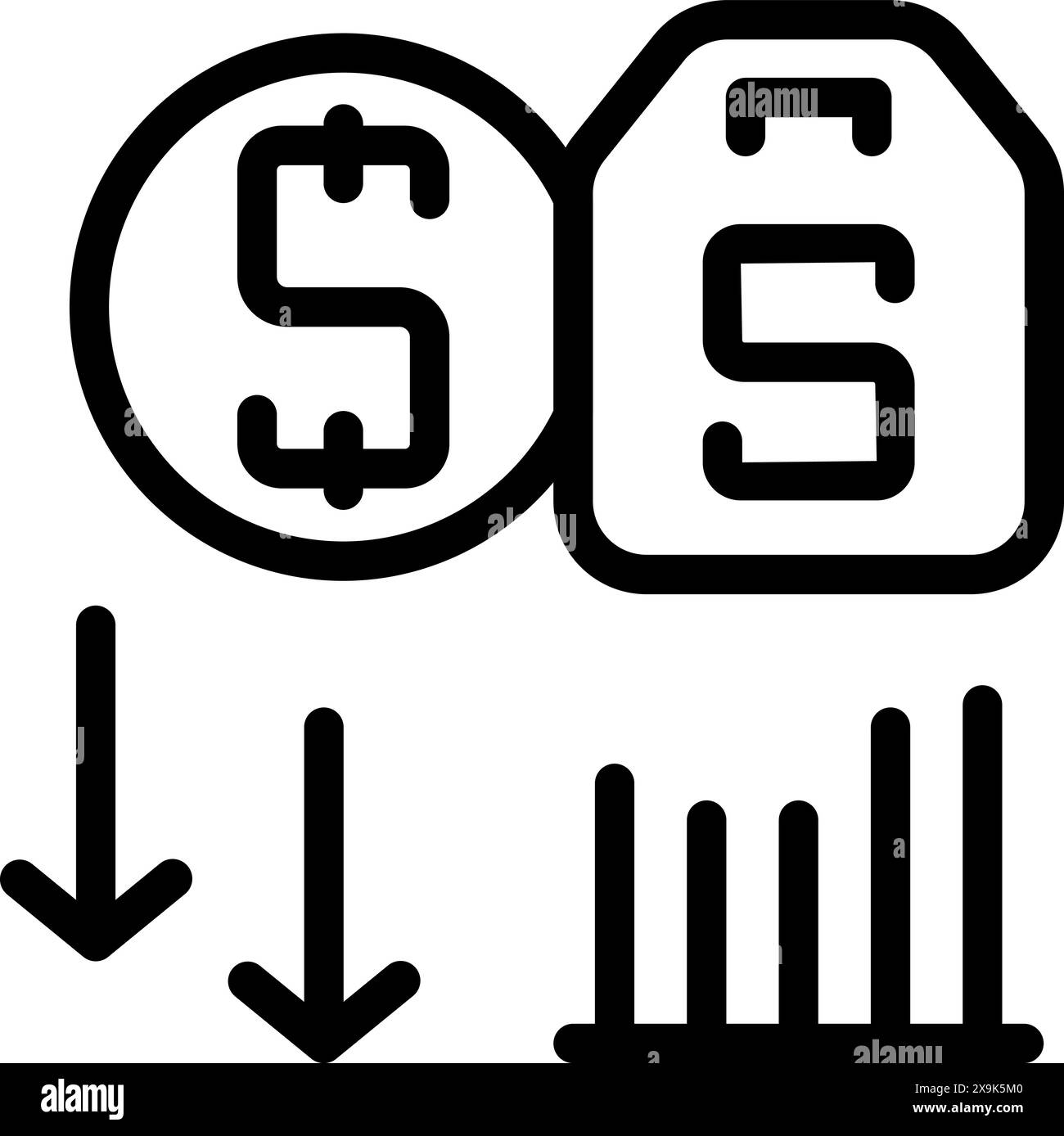 Black and white line icons depicting currency devaluation, falling ...