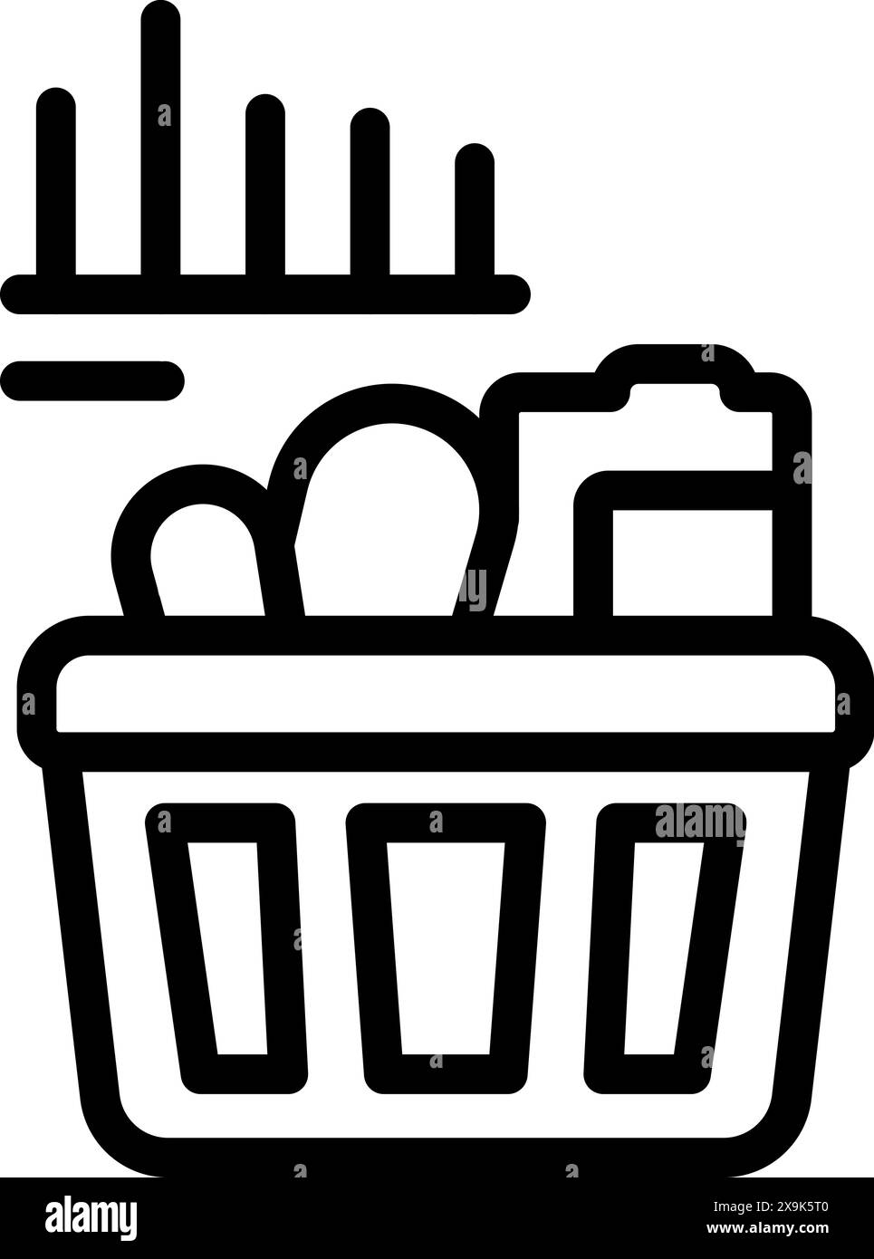 Simple line art icon featuring a shopping basket filled with various ...