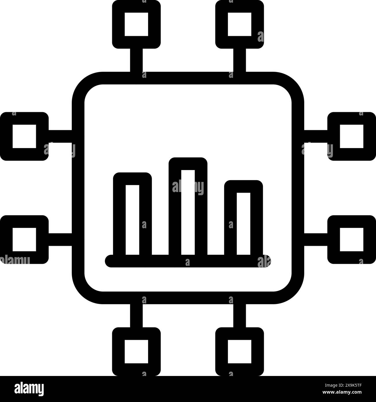 Simple, bold line icon representing a cpu with data analytics graph ...