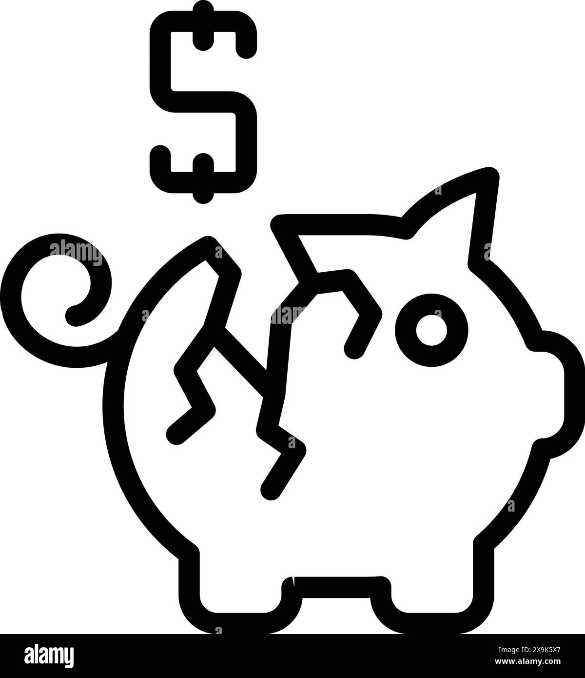 Black outline vector icon depicting a cracked piggy bank with a ...