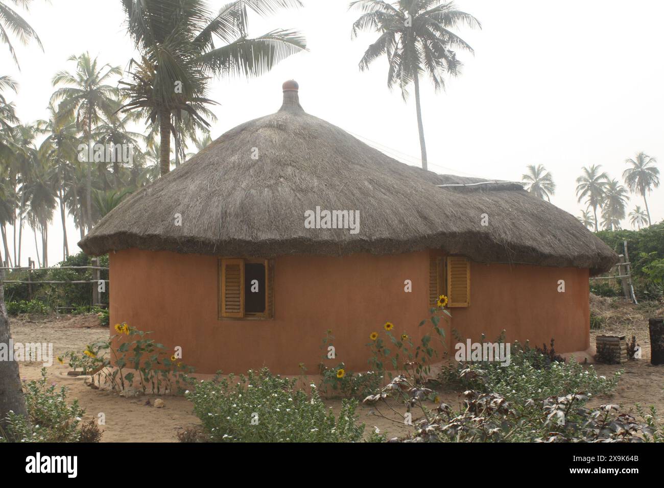 A traditional round hut with a thatched roof, set in a serene ...