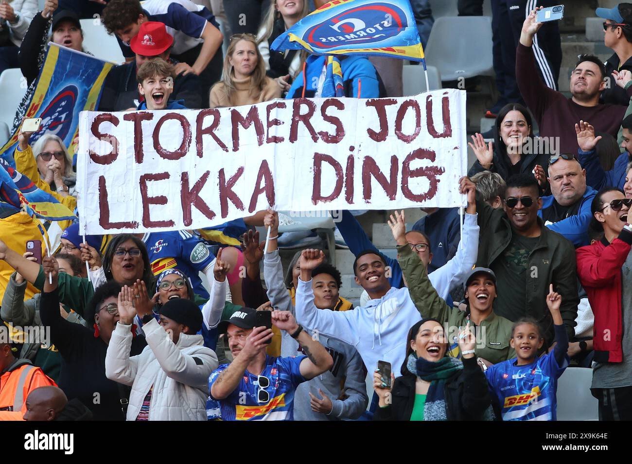 CAPE TOWN, SOUTH AFRICA - JUNE 01: DHL Stormers fans celebrate a try ...