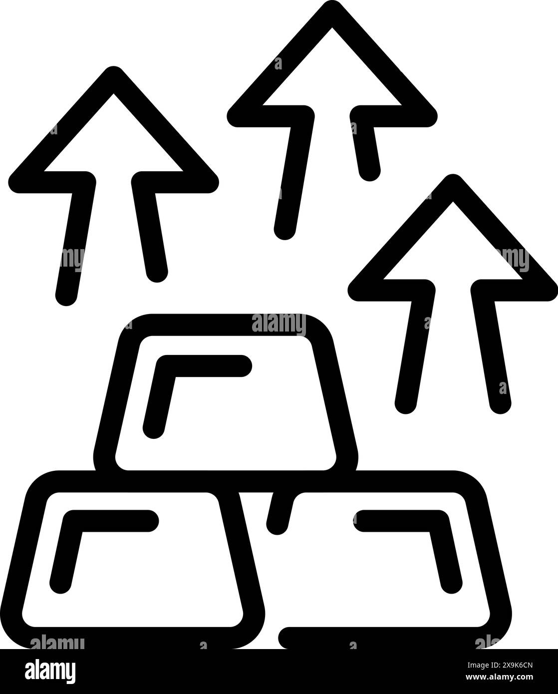 Black and white line art of rising arrows above gold bullion ...