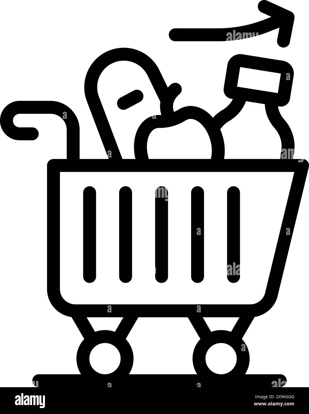 Black outline icon of a shopping cart filled with various grocery items ...
